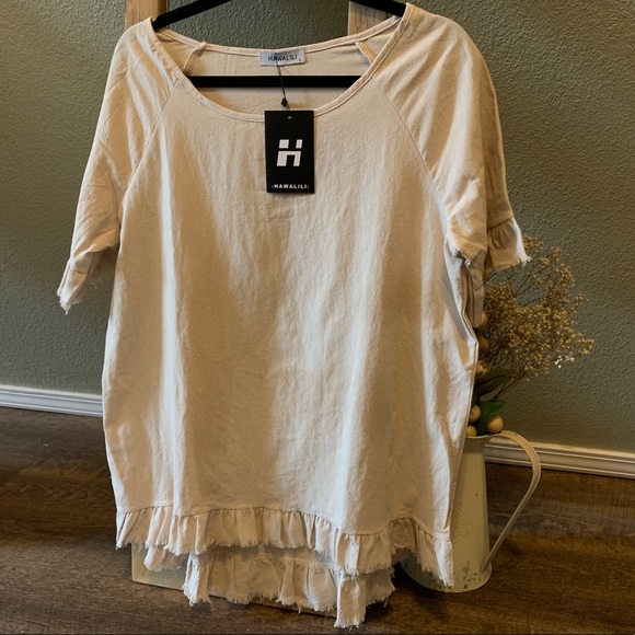 Tops | Nwt Boho Linen Like Blouse Frayed Hem Hawalili Brand | Poshmark